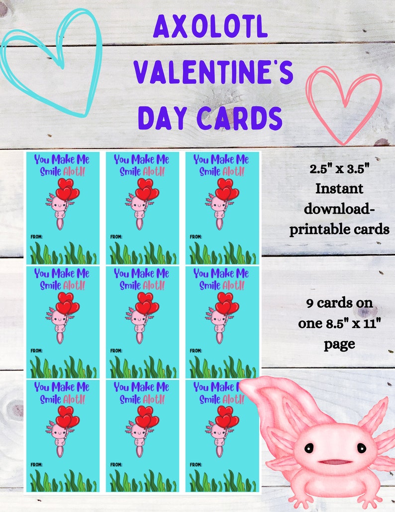 Axolotl Valentines Cards, Class Valentines, Axolotl Cards, Valentines ...