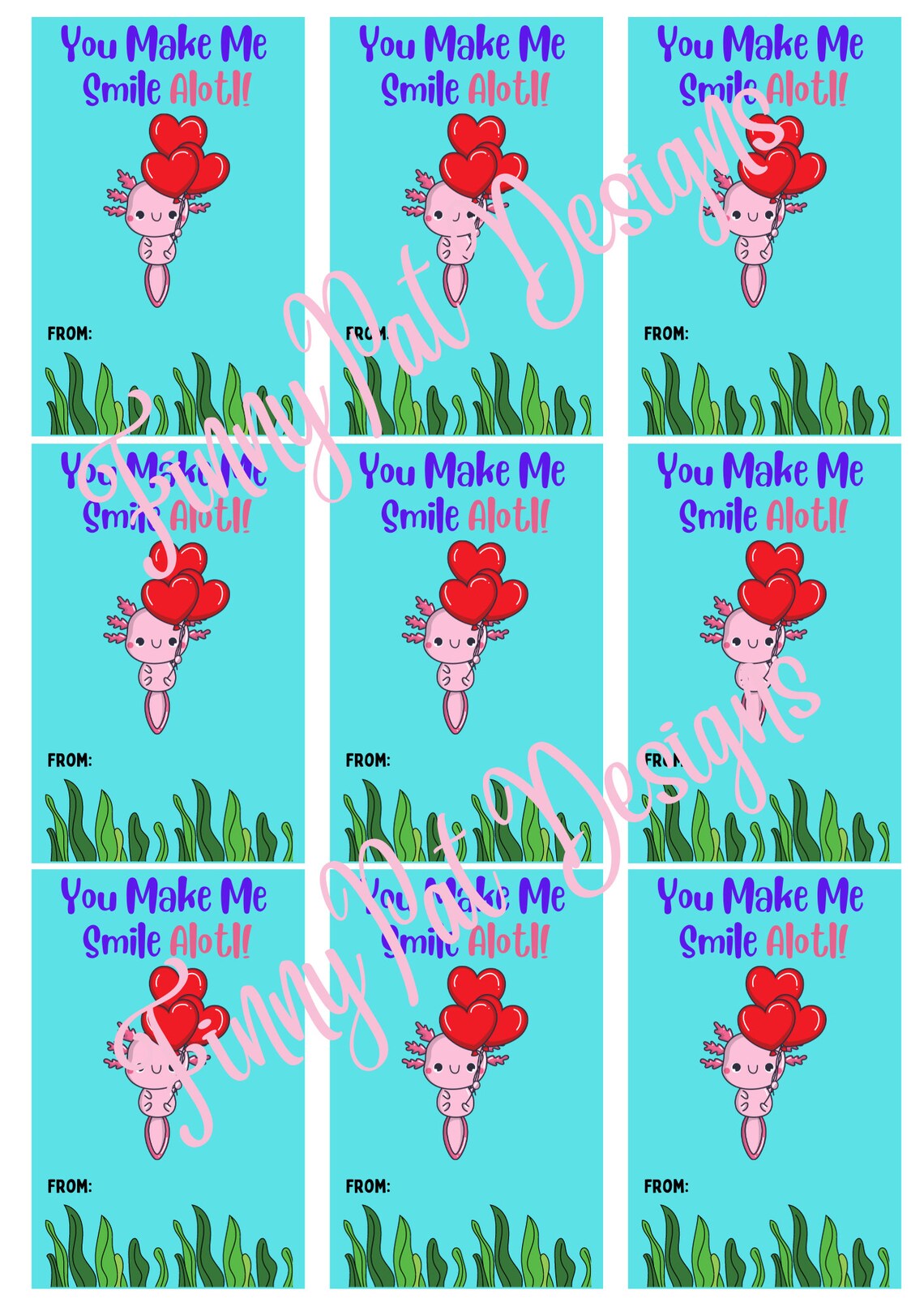 Axolotl Valentines Cards, Class Valentines, Axolotl Cards, Valentines ...