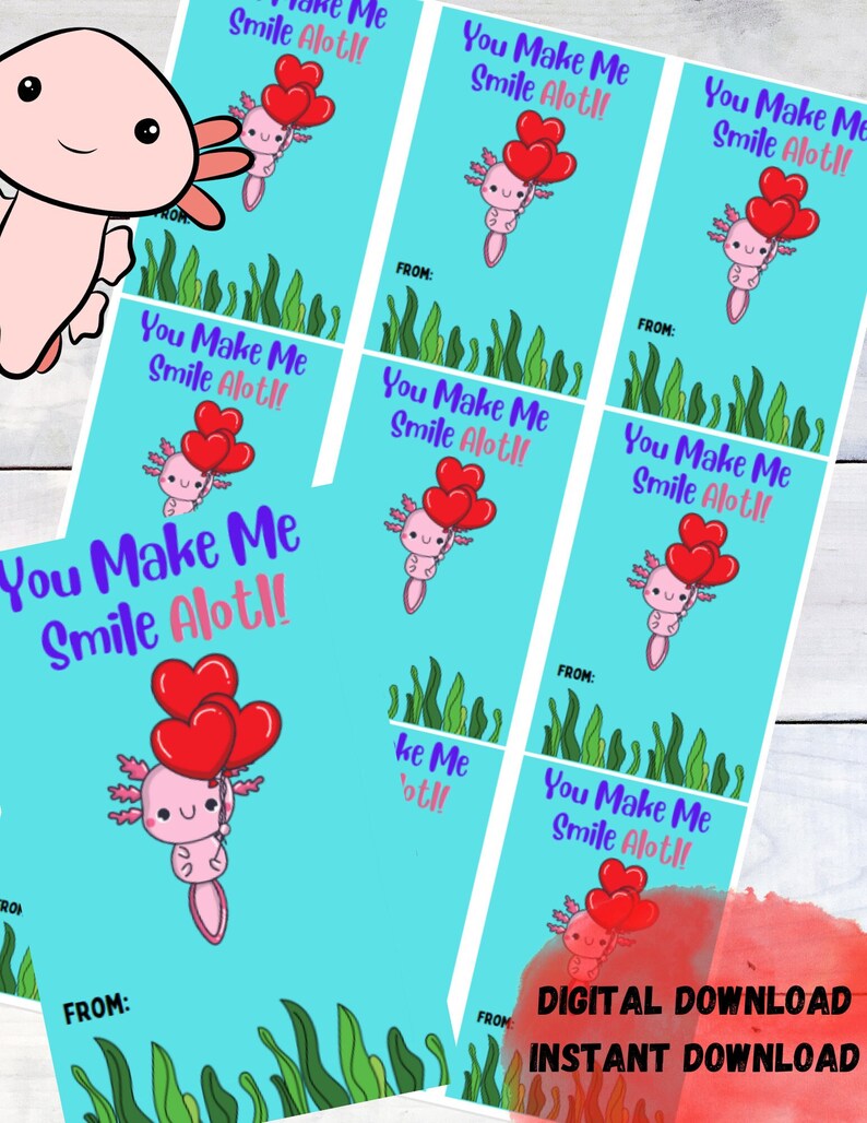Axolotl Valentines Cards, Class Valentines, Axolotl Cards, Valentines ...
