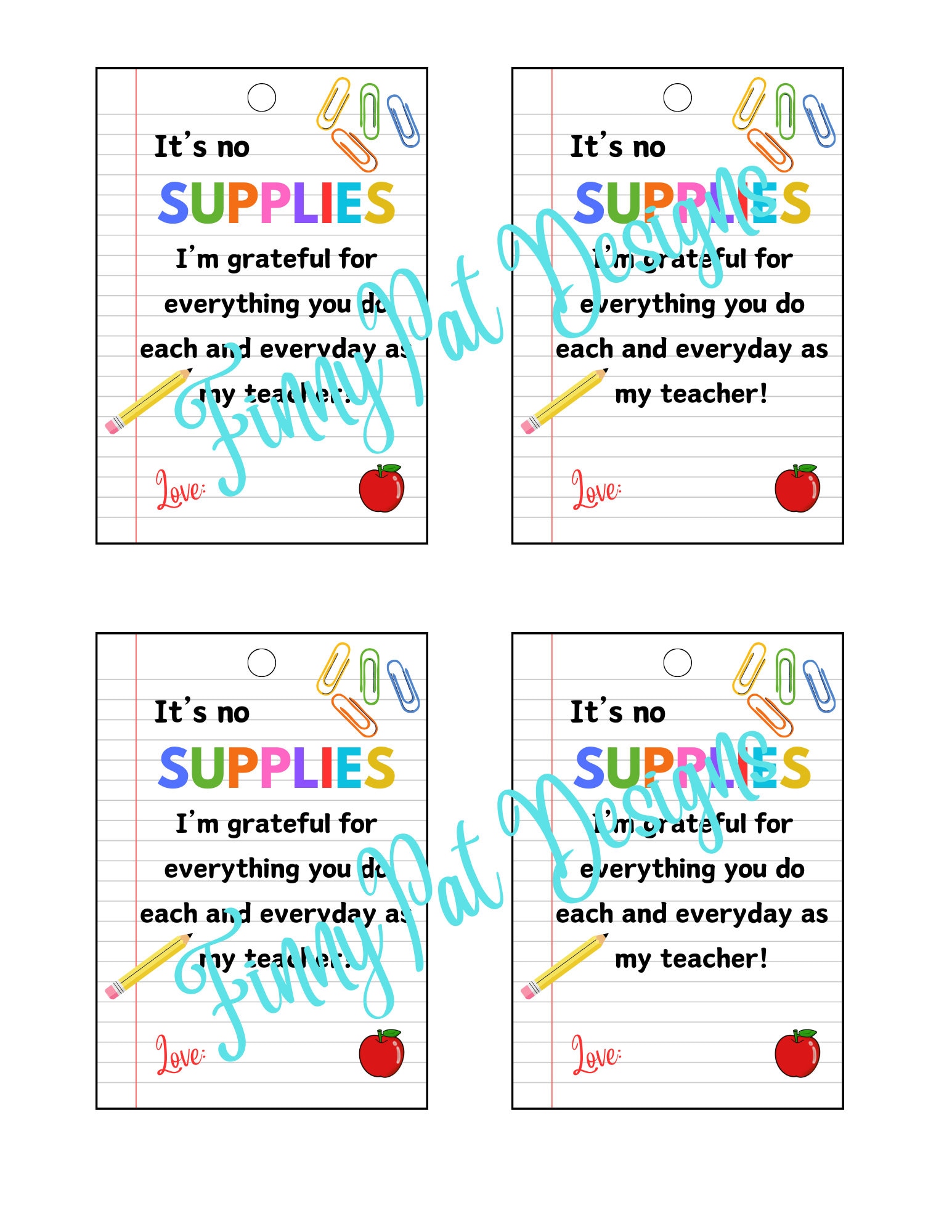 Teacher Appreciation Tags, Teacher Supply Gift Tag, Printable Teacher ...