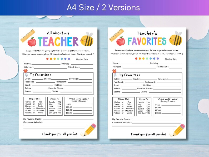 Printable Teacher Favorites List: Back to School Survey (PDF) - Etsy