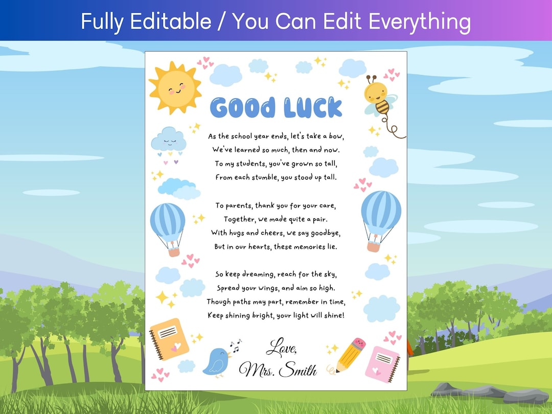 Buy Editable Good Luck End of School Year Letter for Student and ...