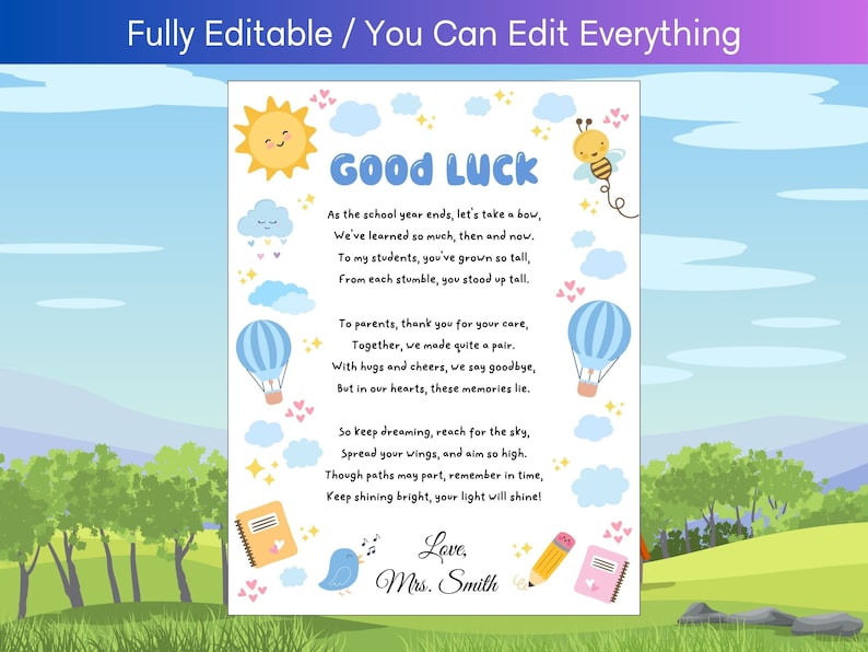 Editable Good Luck Letter: End of School Year Poem (PDF) - Etsy Australia