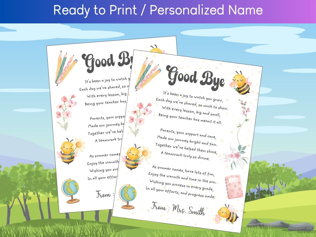 Printable End of School Year Poem Letter for Parents and Students, Gift ...