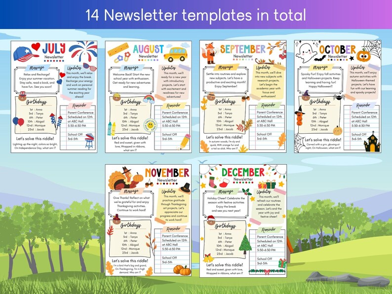 12 Month Cute School Newsletter Template for Teacher, Classrooom Note ...