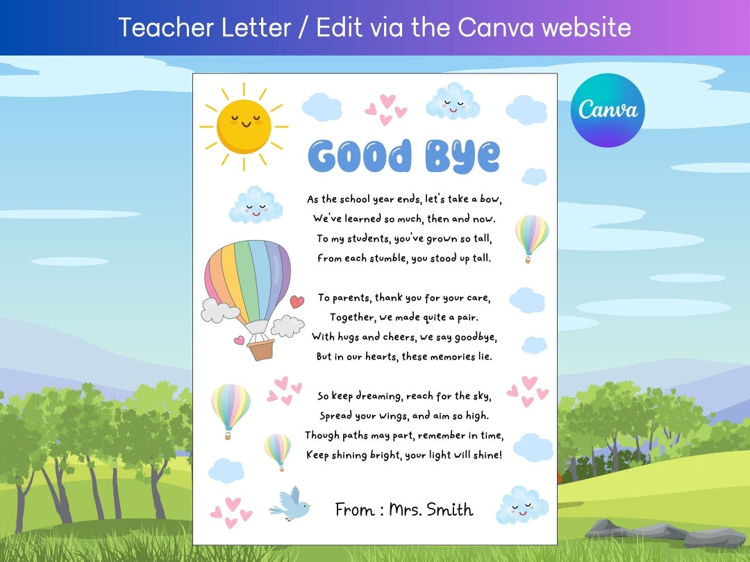 Printable End of School Year Letter for Student and Parents, Cute Poem ...