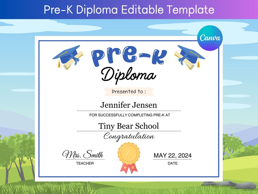 Editable Pre-k Diploma, Simple Pre-k Certificate, End of School Year ...