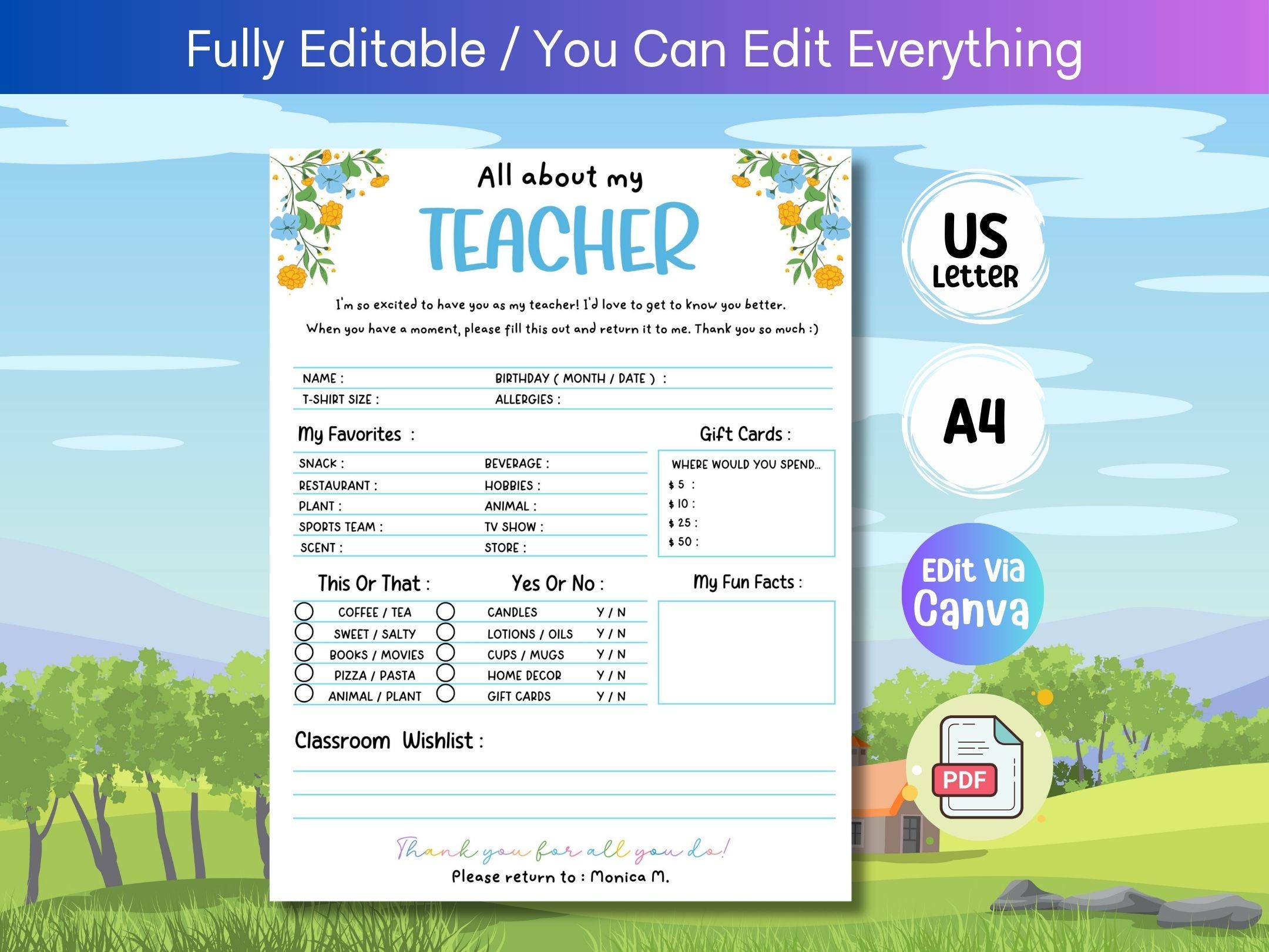 Fully Editable All About My Teacher Template for Getting to Know ...