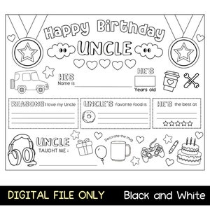 Happy Birthday Uncle Coloring Page, Fill in the Blank, Printable ...