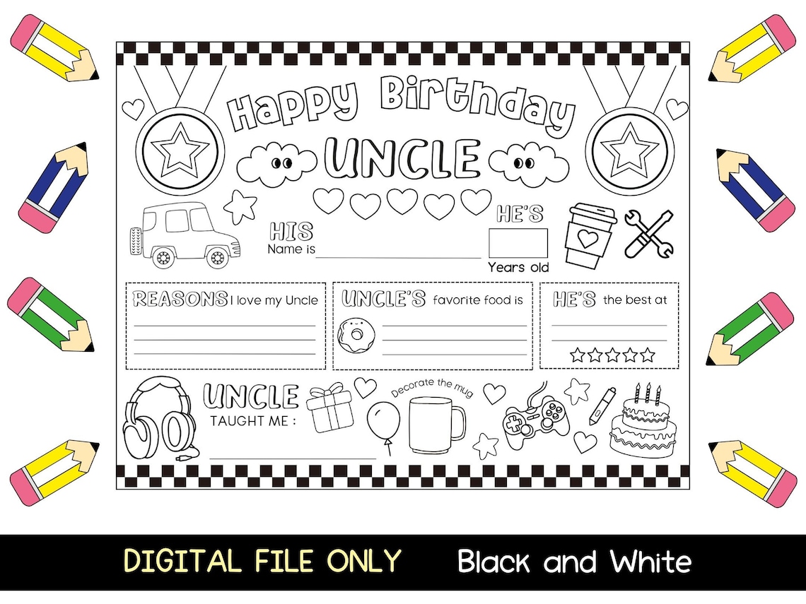 Happy Birthday Uncle Coloring Page, Fill in the Blank, Printable ...