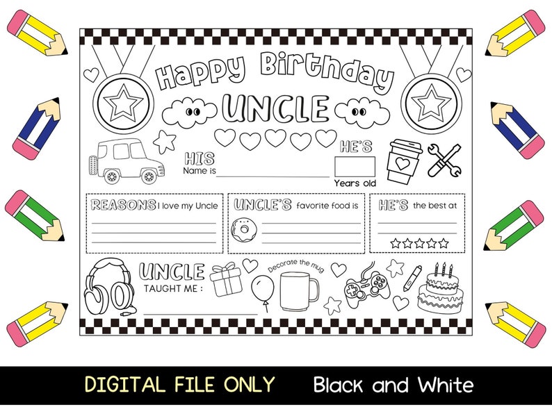 Happy Birthday Uncle Coloring Page, Fill in the Blank, Printable ...