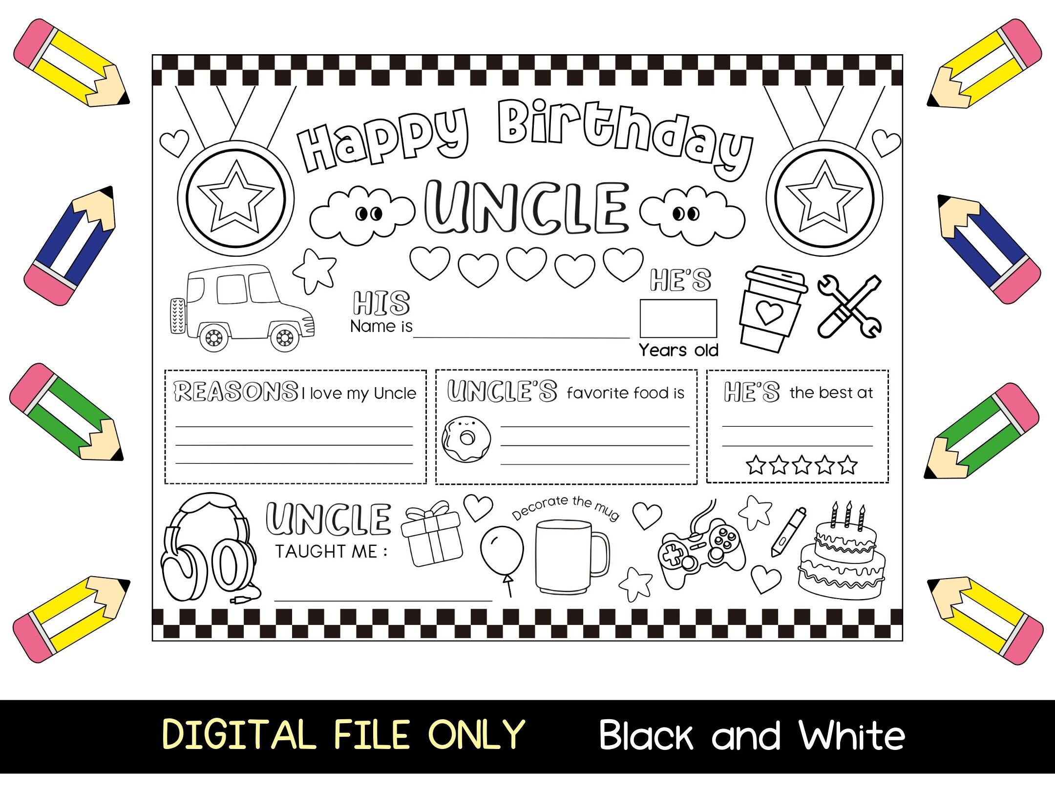 Happy Birthday Uncle Coloring Page, Fill in the Blank, Printable ...