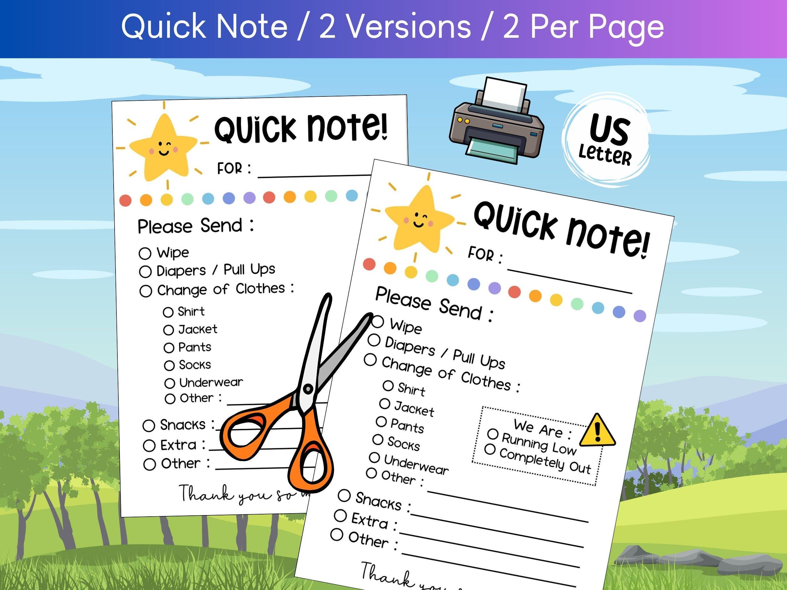 Daycare Star Quick Note: Parent Communication Card (digital Download ...