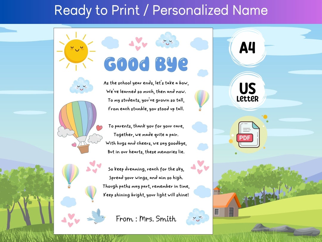 Printable End of School Year Letter for Student and Parents, Cute Poem ...