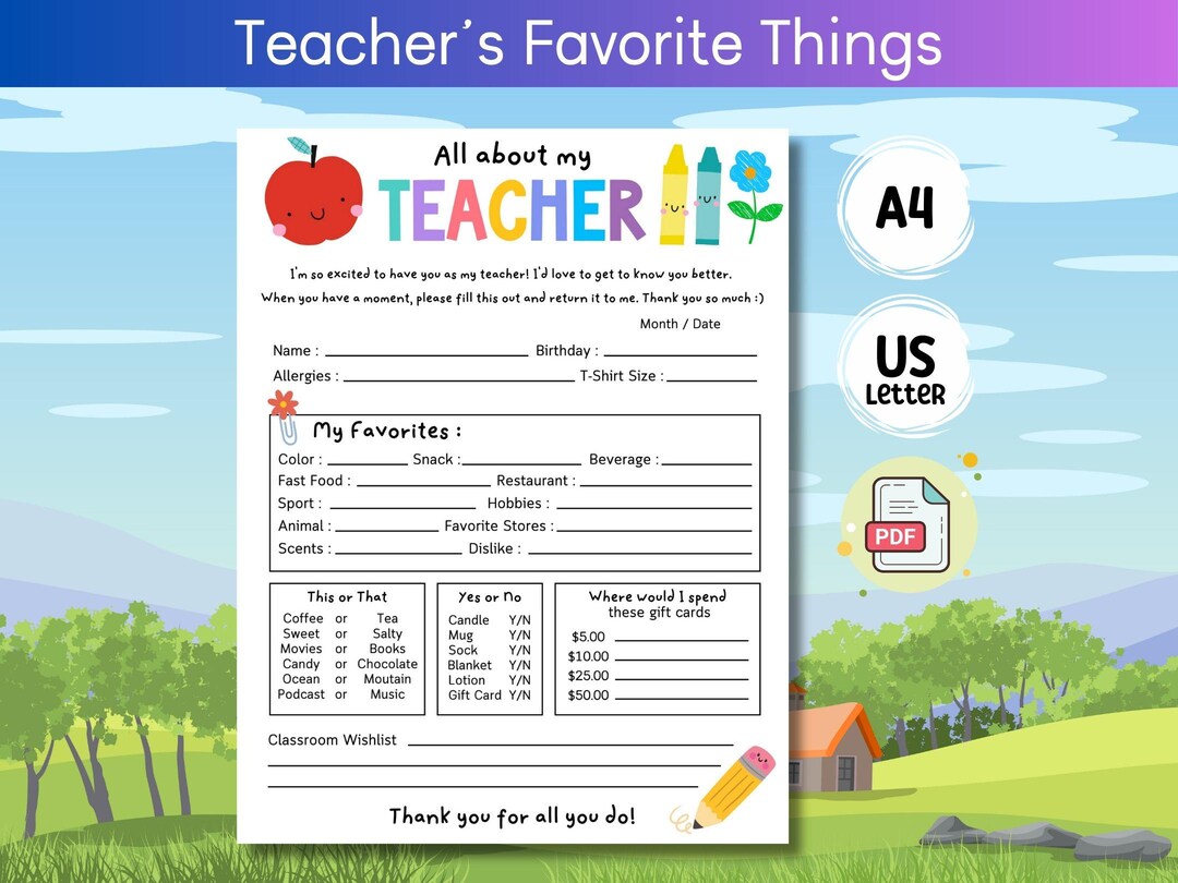 Get to Know Your Teacher Survey, Favorite List Questionnaire, All About ...