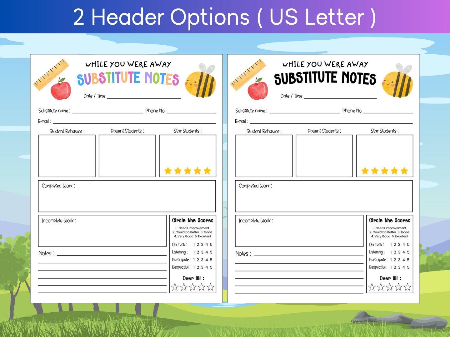 Printable Substitute Teacher Notes: Classroom Feedback Form (PDF) - Etsy