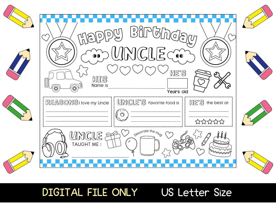 Happy Birthday Uncle Coloring Page, Fill in the Blank, Printable ...
