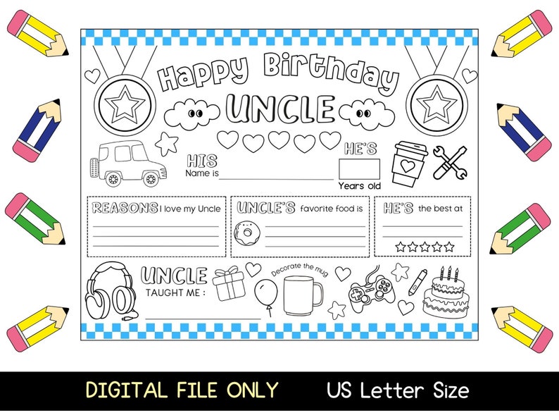 Happy Birthday Uncle Coloring Page: Fill-in Gift Activity (PDF) - Etsy