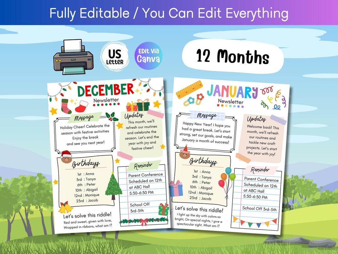 Bundle, 12 Months Newsletter Template, Monthly Classroom News, Autumn ...