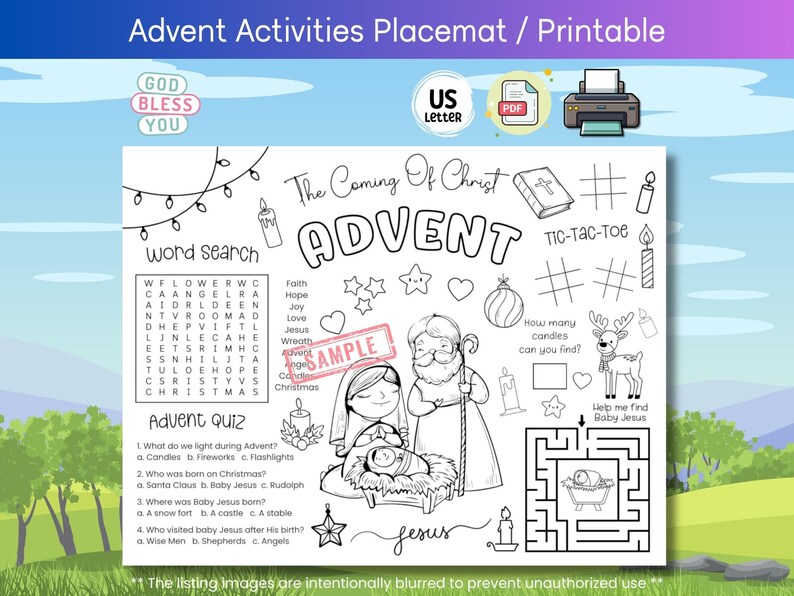 Advent Activity Placemat, Coloring Sheet for Children, Christian Advent ...