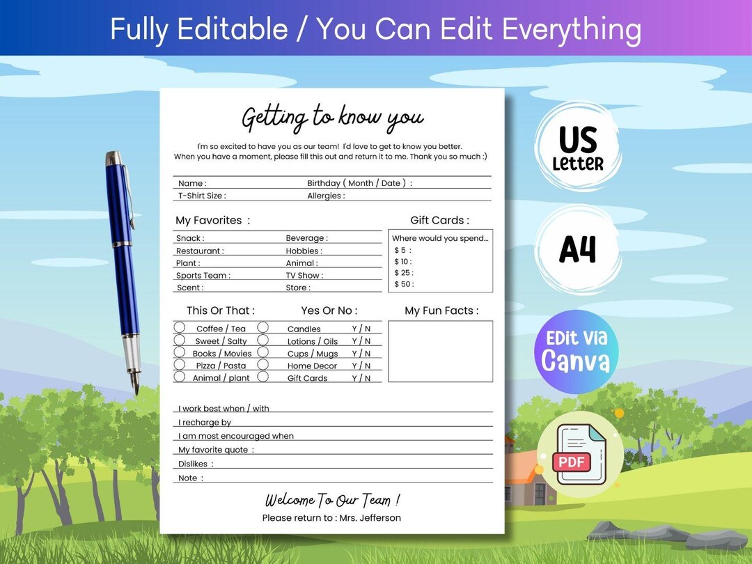 Editable Coworker Questionnaire: New Employee Survey (PDF) - Etsy