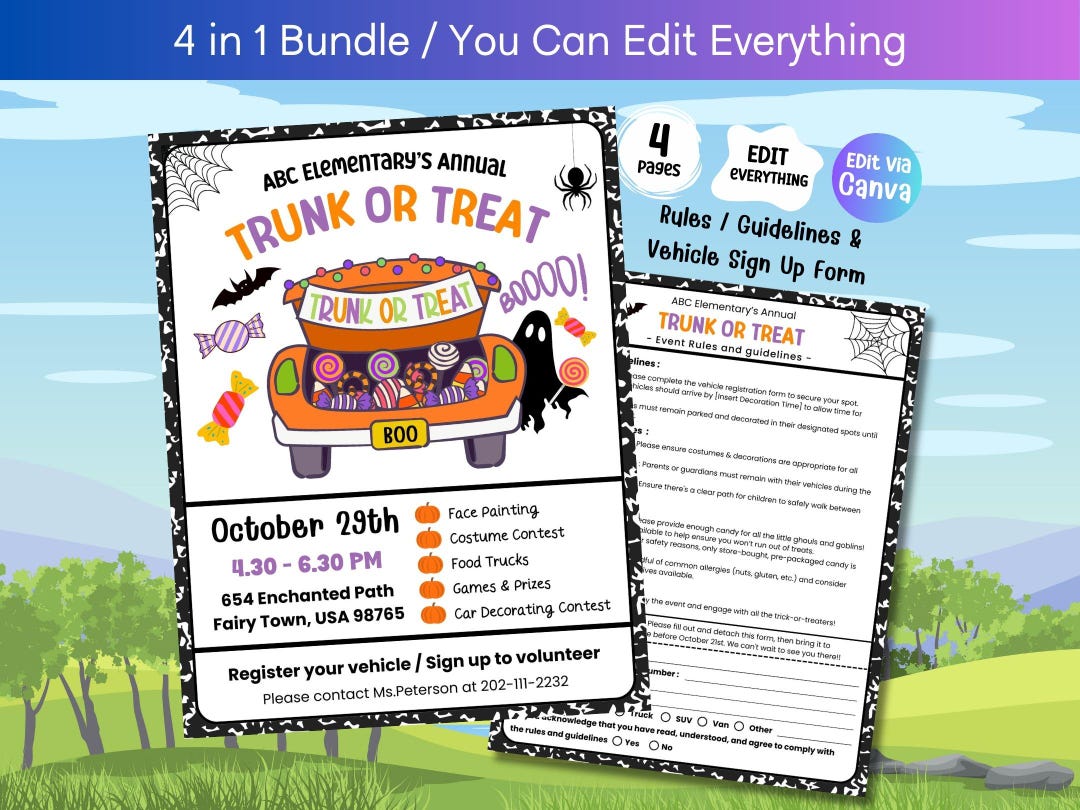 Halloween Trunk or Treat Flyer, PTA PTO Event Fully Editable Template ...