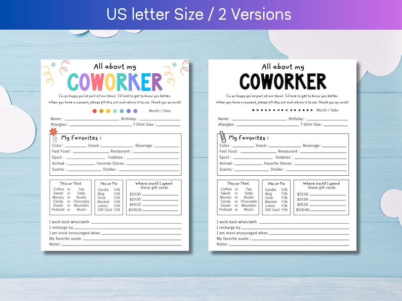 Coworker Questionnaire: New Employee Team Survey (printable PDF) - Etsy