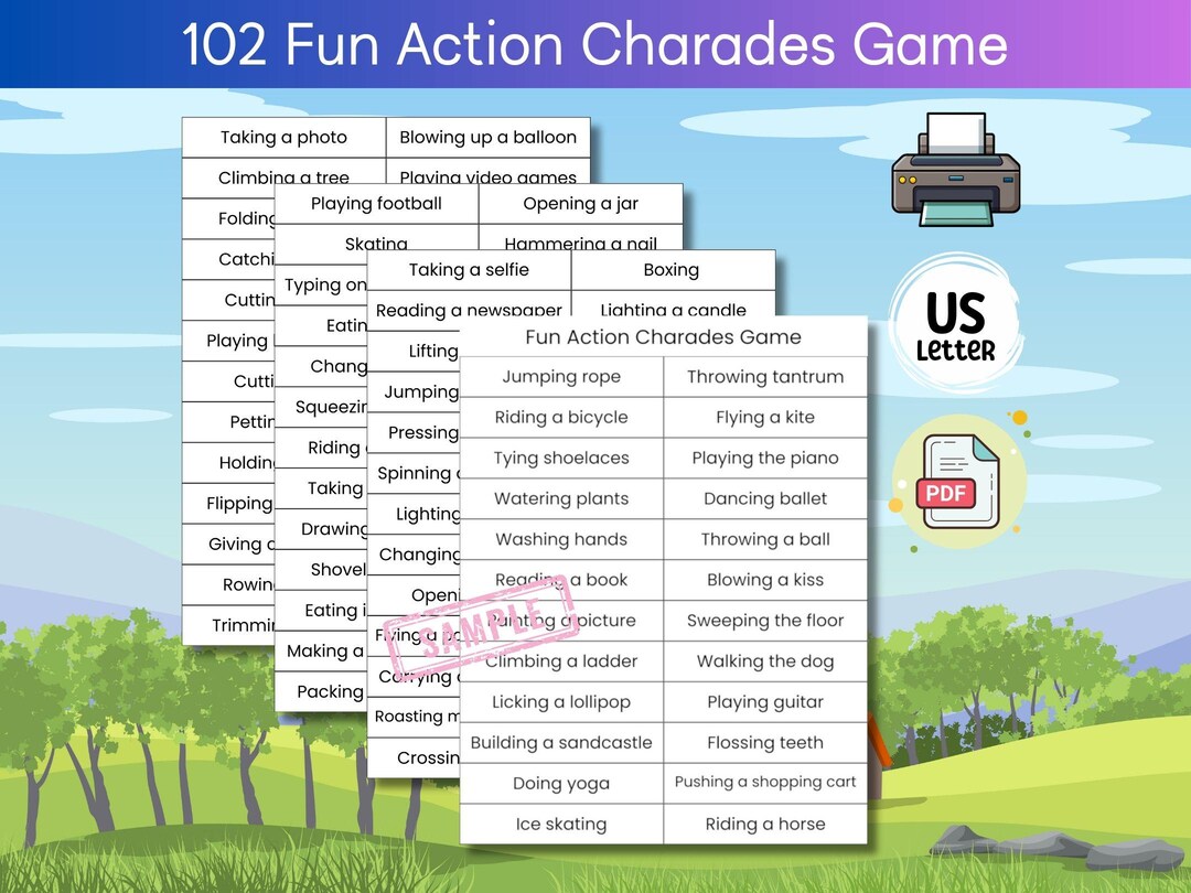 Printable 102 Charades Actions Game, Fun Prompts, Print and Cut, Family ...