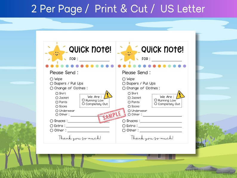 Daycare Star Quick Note: Parent Communication Card (digital Download ...