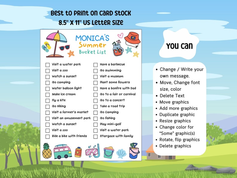Fully Editable Template Summer Bucket List for Kids, Printable Bucket ...