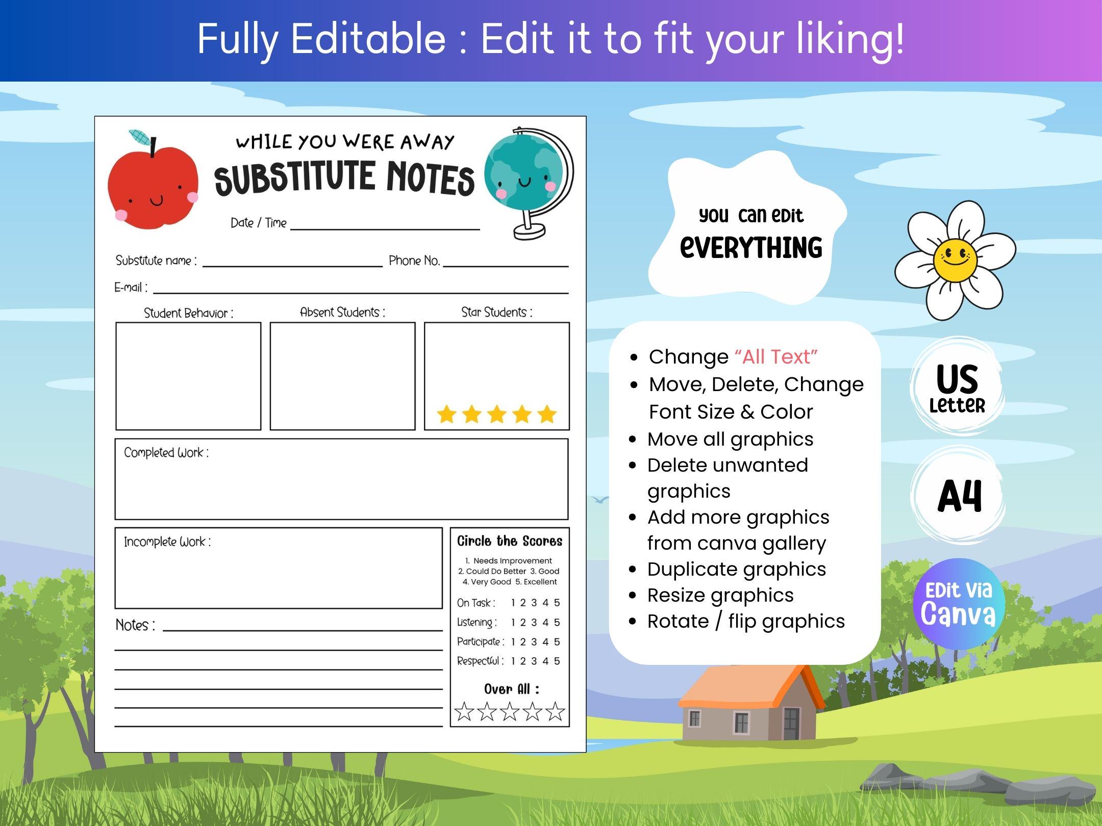 Editable Substitute Teacher Notes: Classroom Feedback Form (PDF) - Etsy
