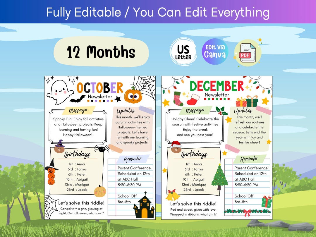 12 Month Cute School Newsletter Template for Teacher, Classrooom Note ...