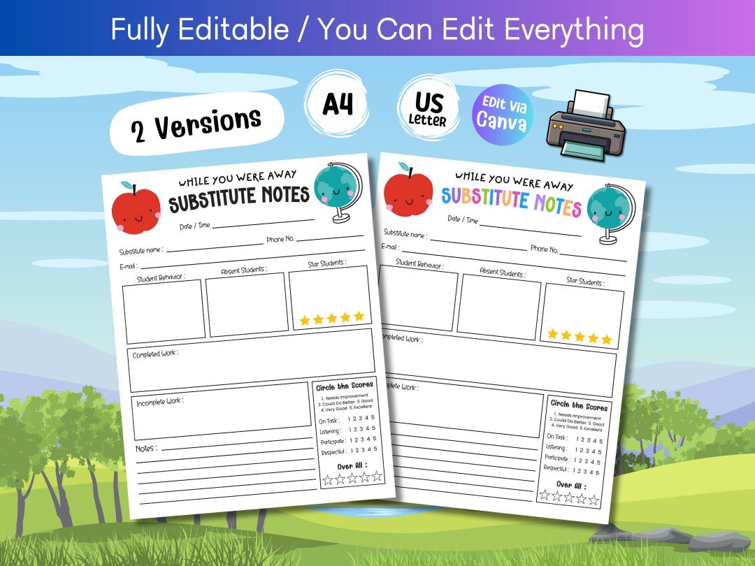 Editable Substitute Teacher Notes: Classroom Feedback Form (PDF) - Etsy