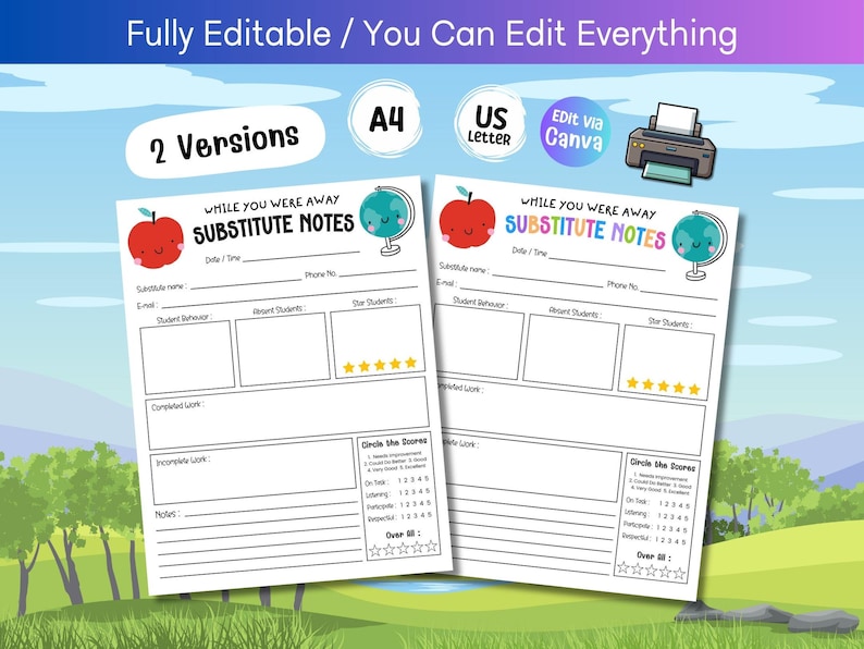 Editable Substitute Teacher Notes: Classroom Feedback Form (PDF) - Etsy
