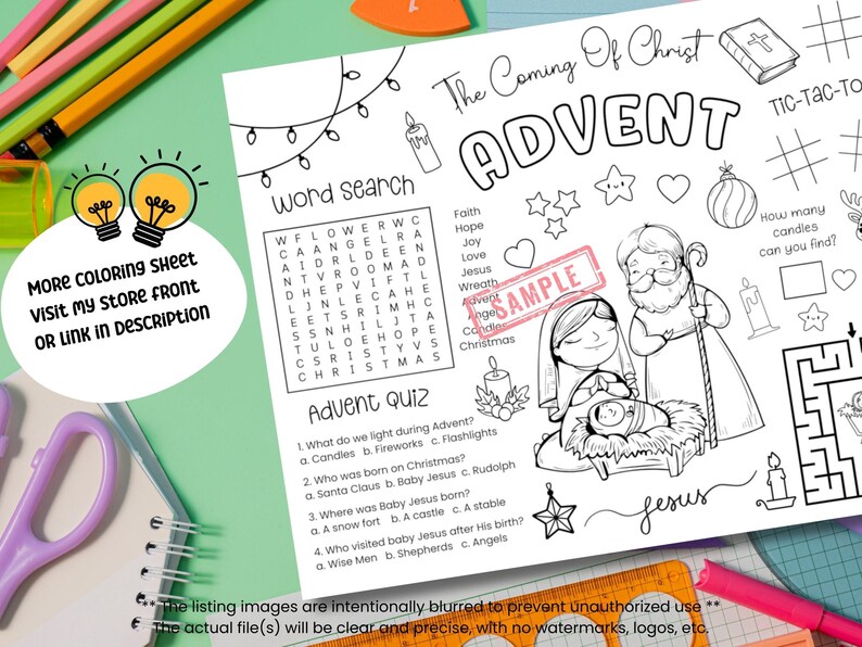 Advent Activity Placemat, Coloring Sheet for Children, Christian Advent ...