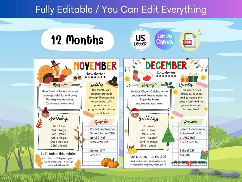 12 Month Cute School Newsletter Template for Teacher, Classrooom Note ...