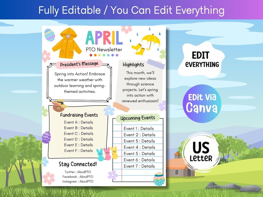 April Spring Easter Fully Editable PTO PTA Newsletter Template, Monthly ...