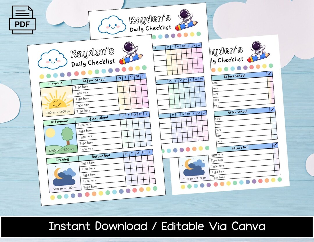 Editable Daily Checklist for Kids, Boy Chores List Instantant Download ...