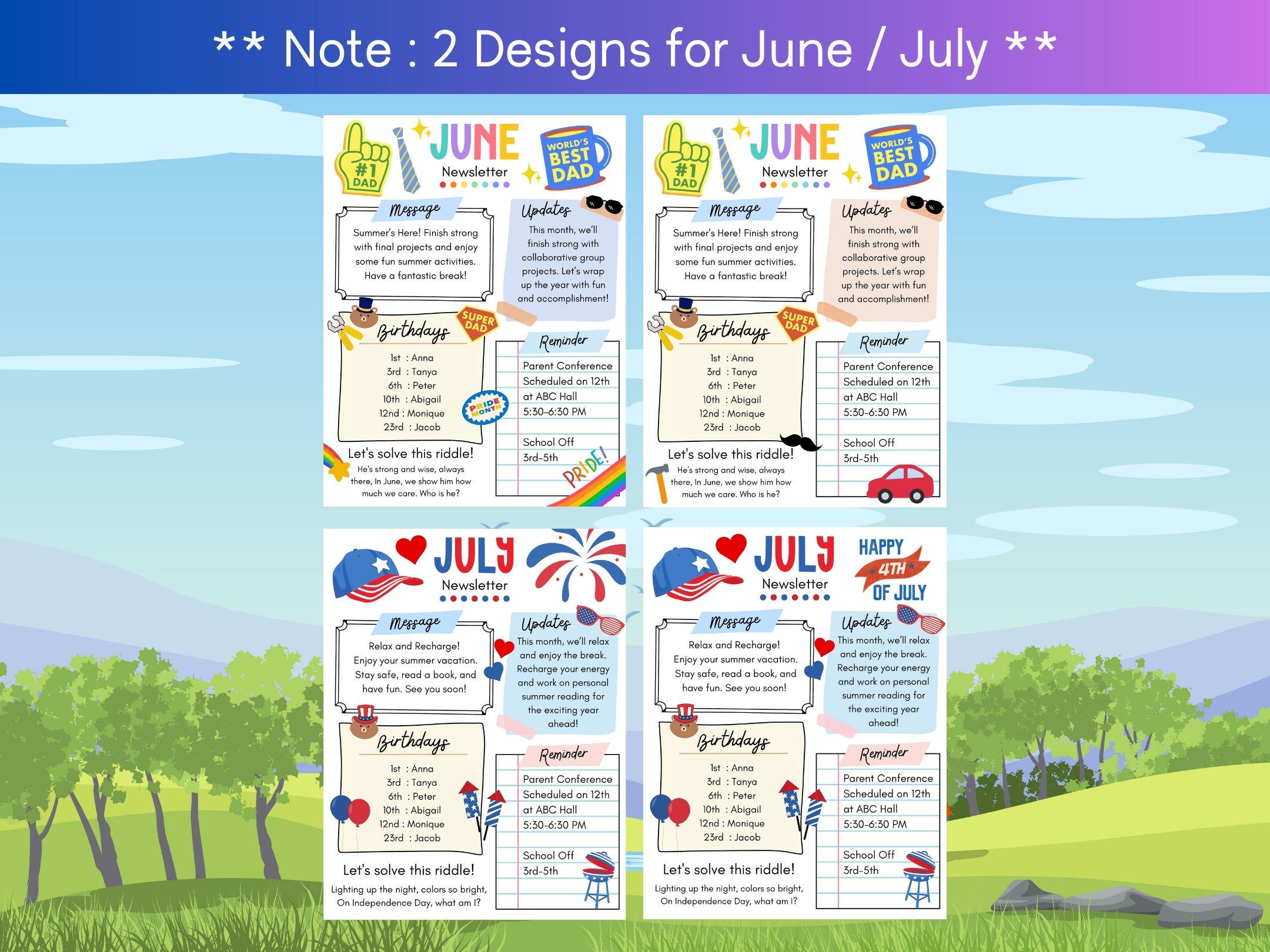 12 Month Cute School Newsletter Template for Teacher, Classrooom Note ...