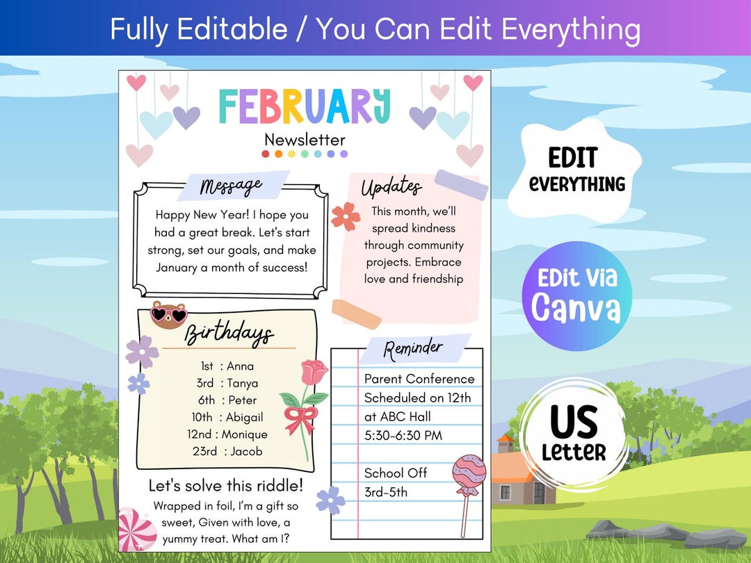February Valentine Fully Editable School Newsletter Template, Monthly ...