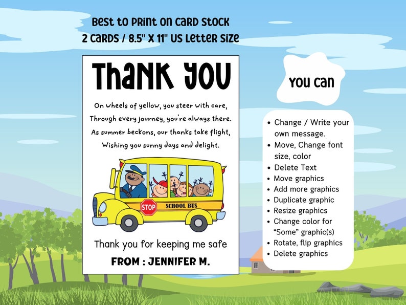 Editable School Bus Driver Thank You Card, Appreciation Printable Card ...