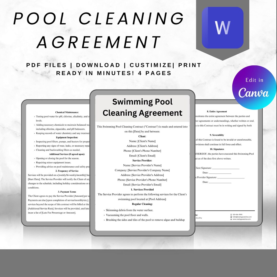 Swimming Pool Cleaning Contract Template | Customizable Pool ...