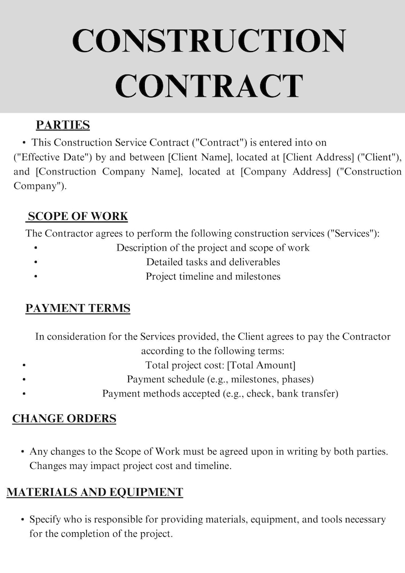 Construction Contract / Agreement / Template. Printable PDF / Editable ...