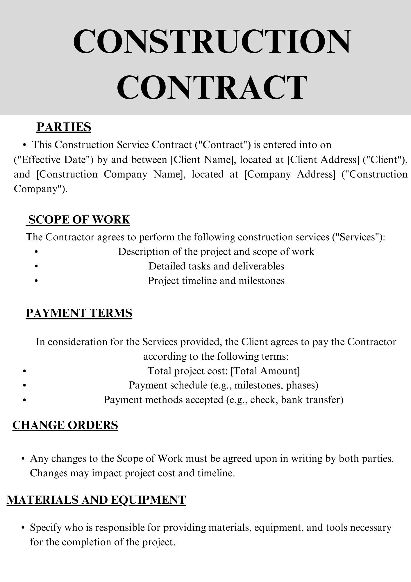 Construction Contract / Agreement / Template. Printable PDF / Editable ...