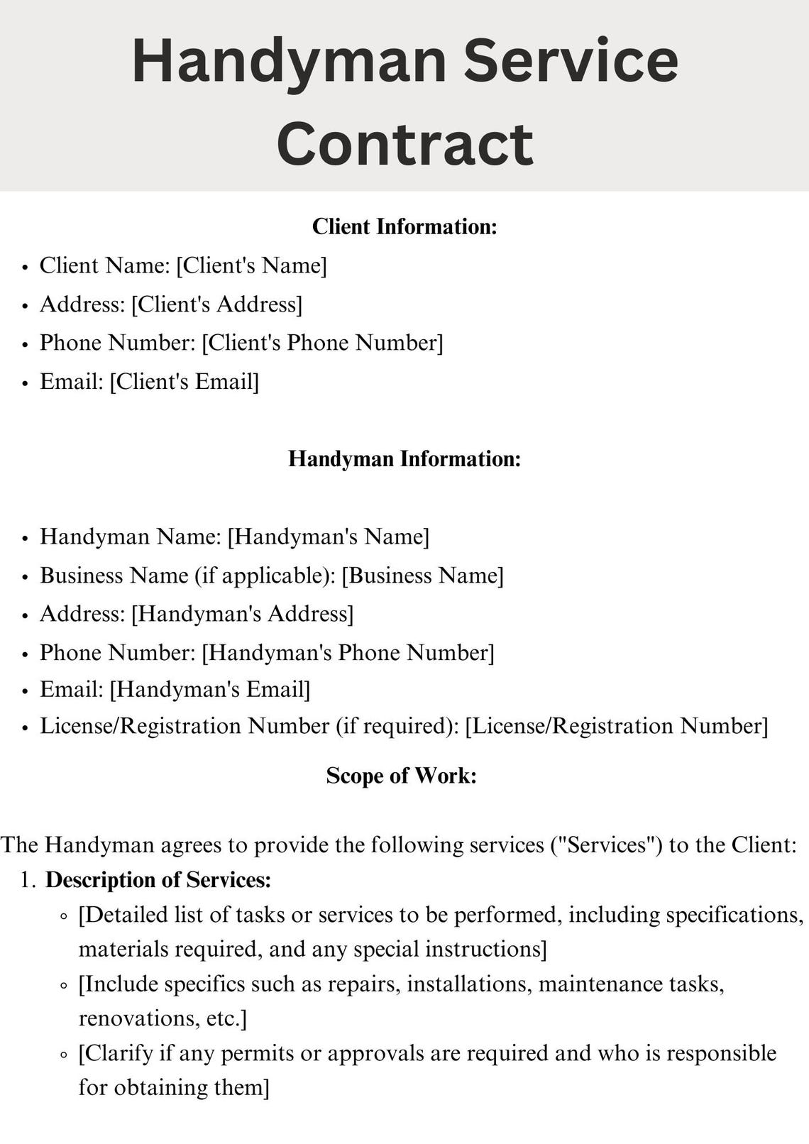 Handyman Contract Template, Handyman Agreement Template, Handyman ...