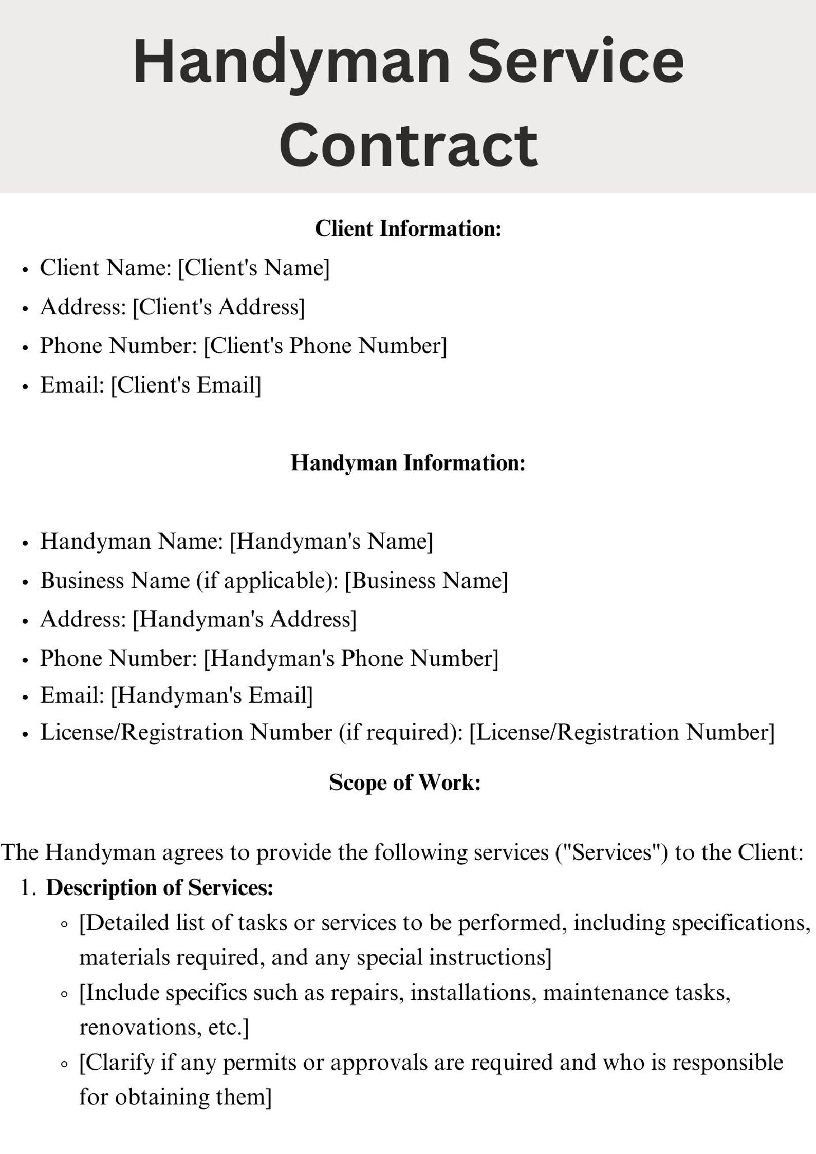 Handyman Contract Template, Handyman Agreement Template, Handyman ...