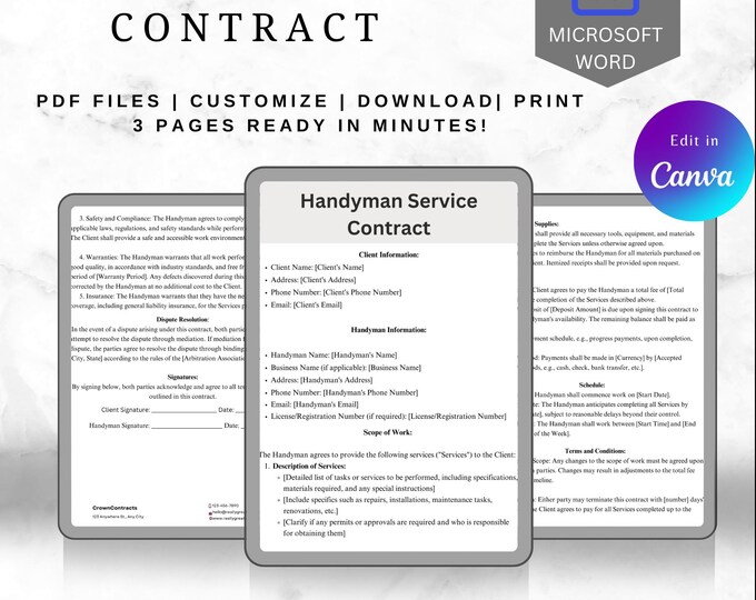 Handyman Contract Template, Handyman Agreement Template, Handyman ...