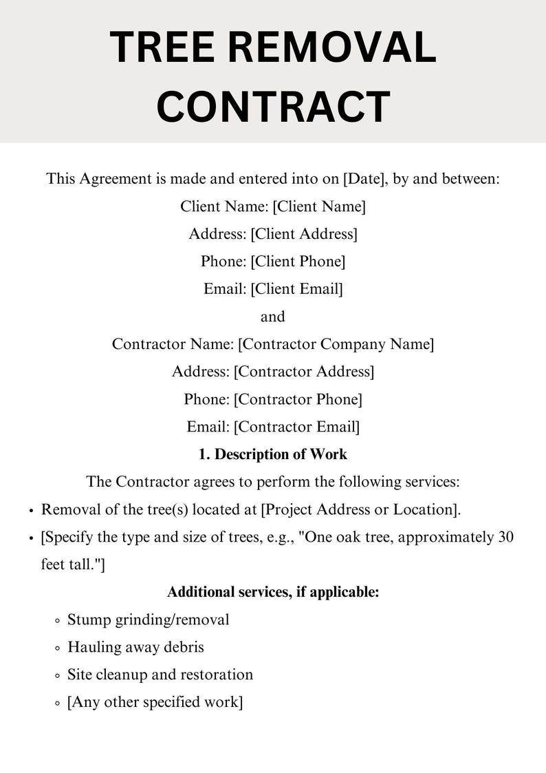 Tree Removal Contract Template Printable Word Doc Customizable PDF ...