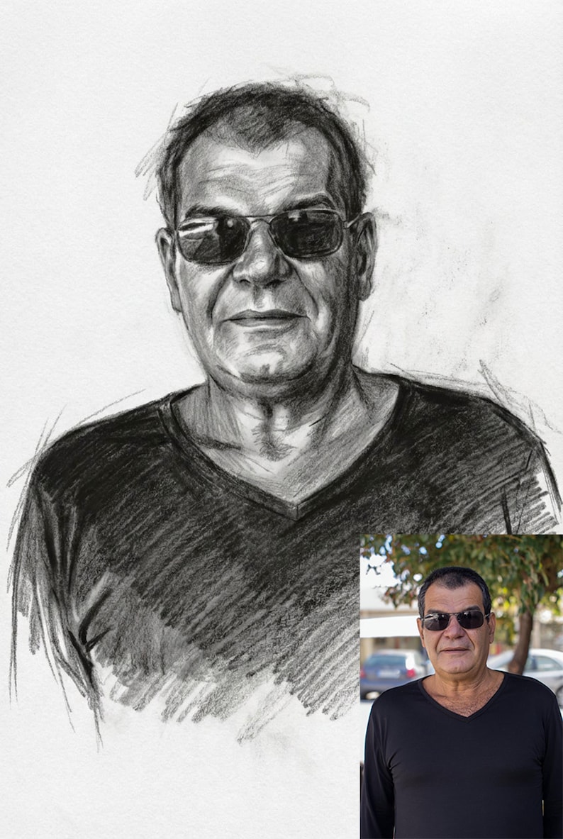 Memorial Portrait Adding Deceased Loved One, Custom Charcoal Drawing ...