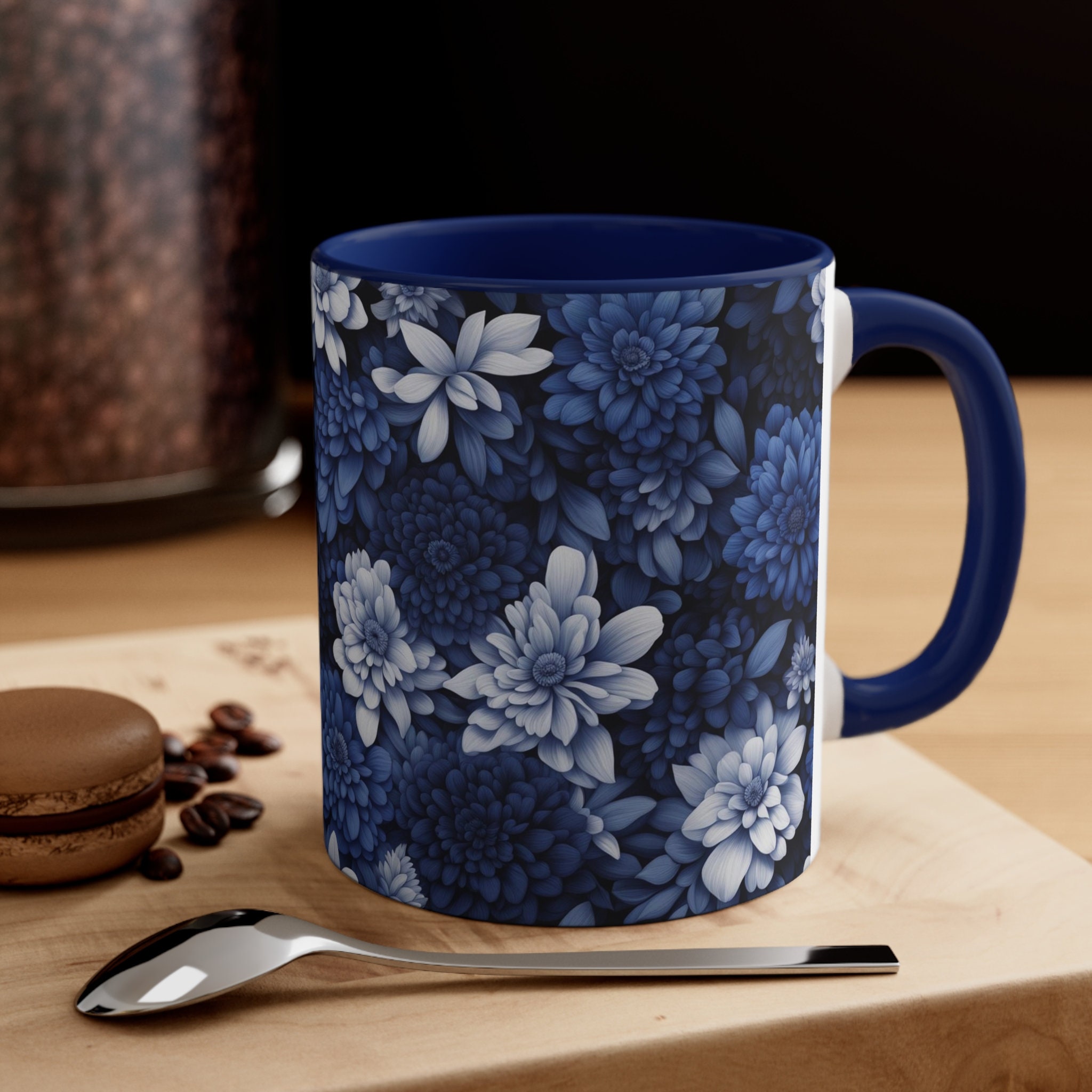 Indigo Blue Coffee Mug, Floral Mug, Flower Mug, Floral Pattern Mug ...